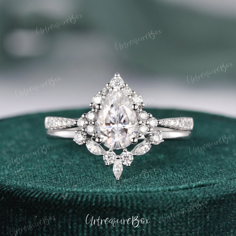Cluster Moissanite Engagement Ring Set Vintage White Gold Pear - Etsy