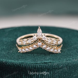 Double Chevron Wedding Band Pearl V Shaped Wedding Ring Enhancer Yellow ...