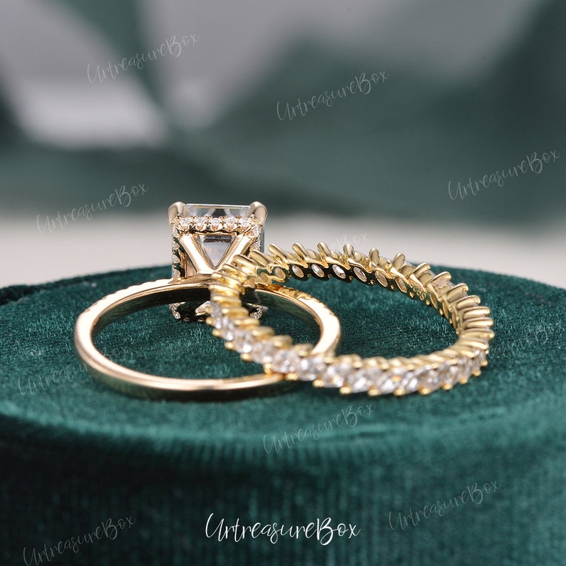 Hidden Halo Emerald Cut Moissanite Engagement Ring Set 2 5ct Etsy