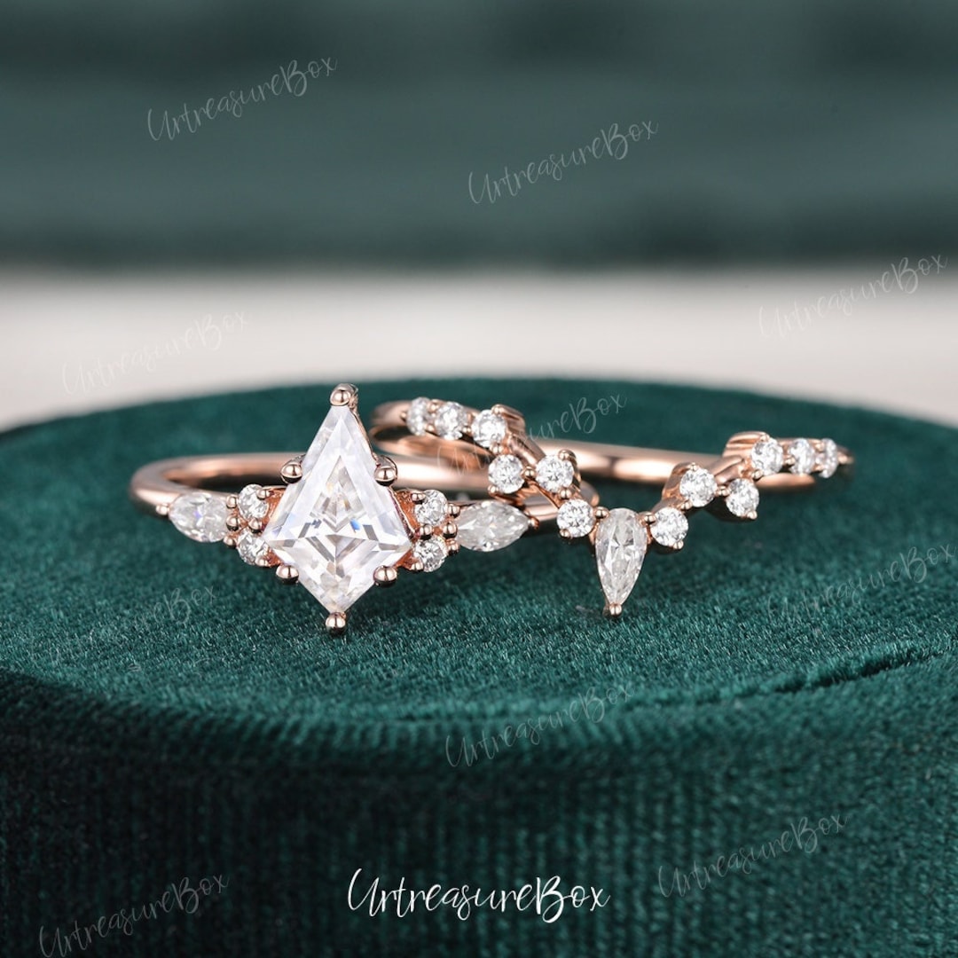 Kite Cut Engagement Ring Set Women Rose Gold Kite Cut Moissanite ...