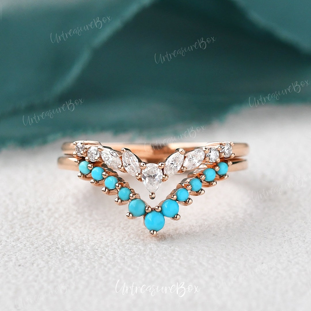 Turquoise Wedding Band Women Chevron Curved Wedding Bands Rose Gold ...
