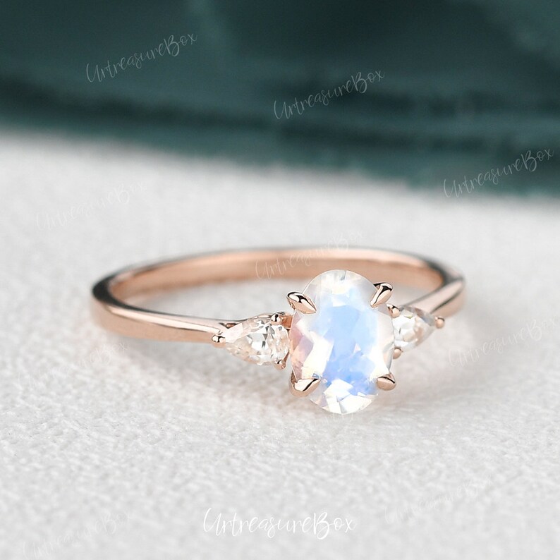 Oval Moonstone Engagement Ring Unique Three Stone Moonstone - Etsy