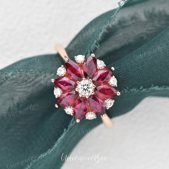 Natural Marquise Ruby Engagement Ring Rose Gold Cluster Ring - Etsy