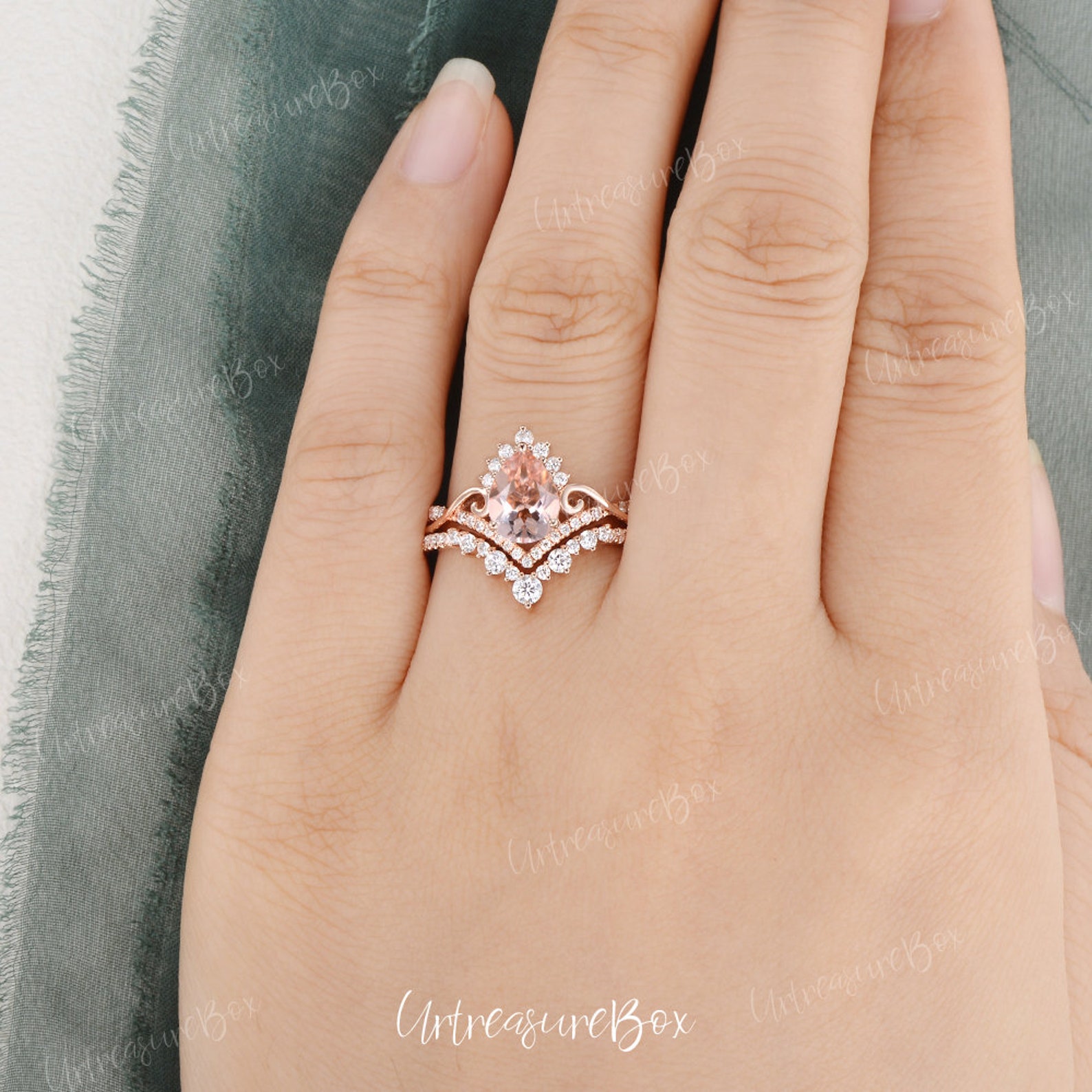 Vintage Morganite Engagement Ring Set Rose Gold Pear Shape - Etsy