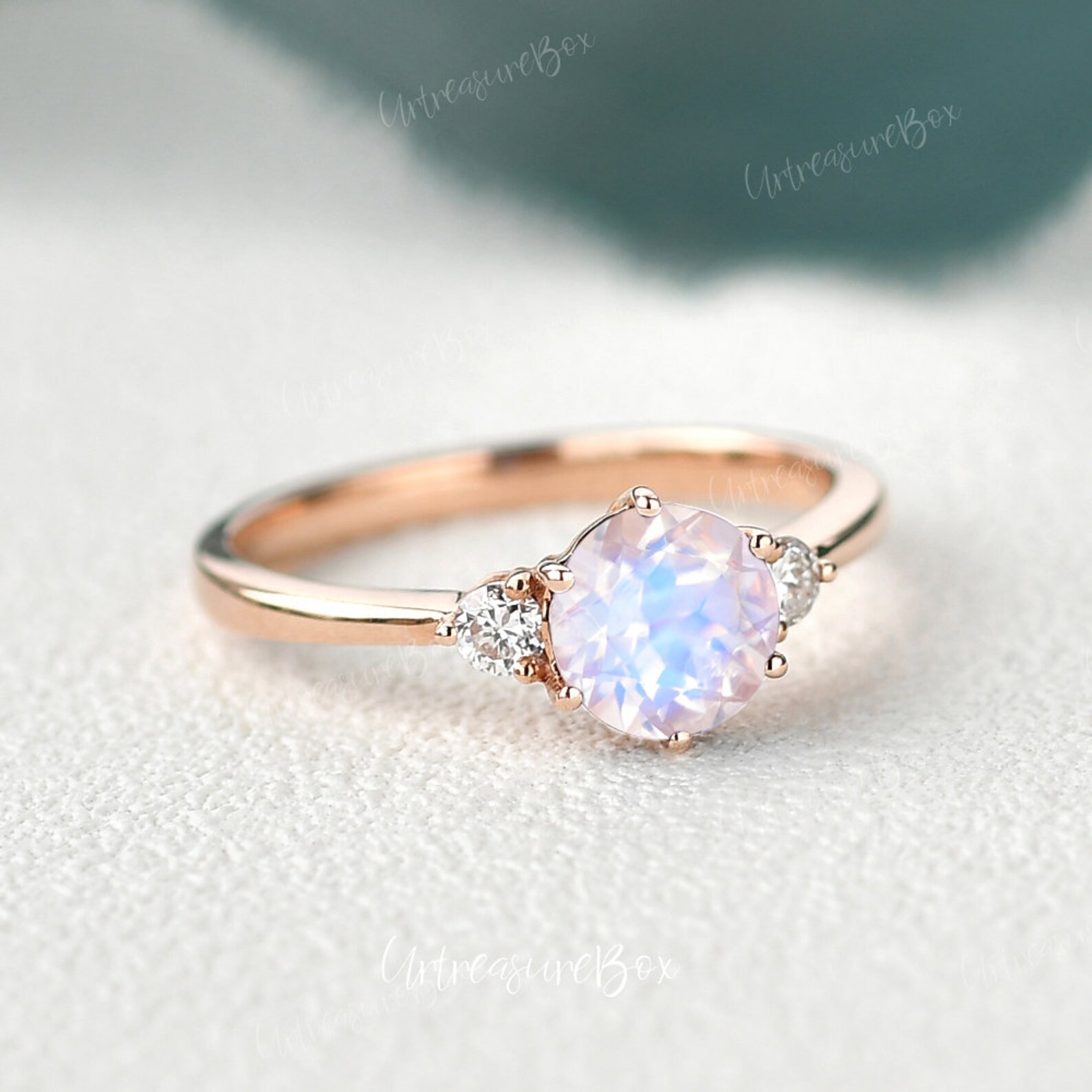 Natural Moonstone Three Stones Engagement Ring Rose Gold Women | Etsy