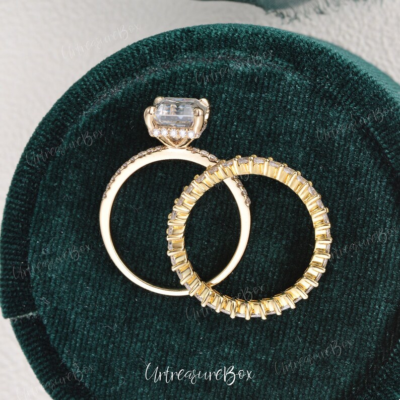 Hidden Halo Emerald Cut Moissanite Engagement Ring Set 2 5ct Etsy