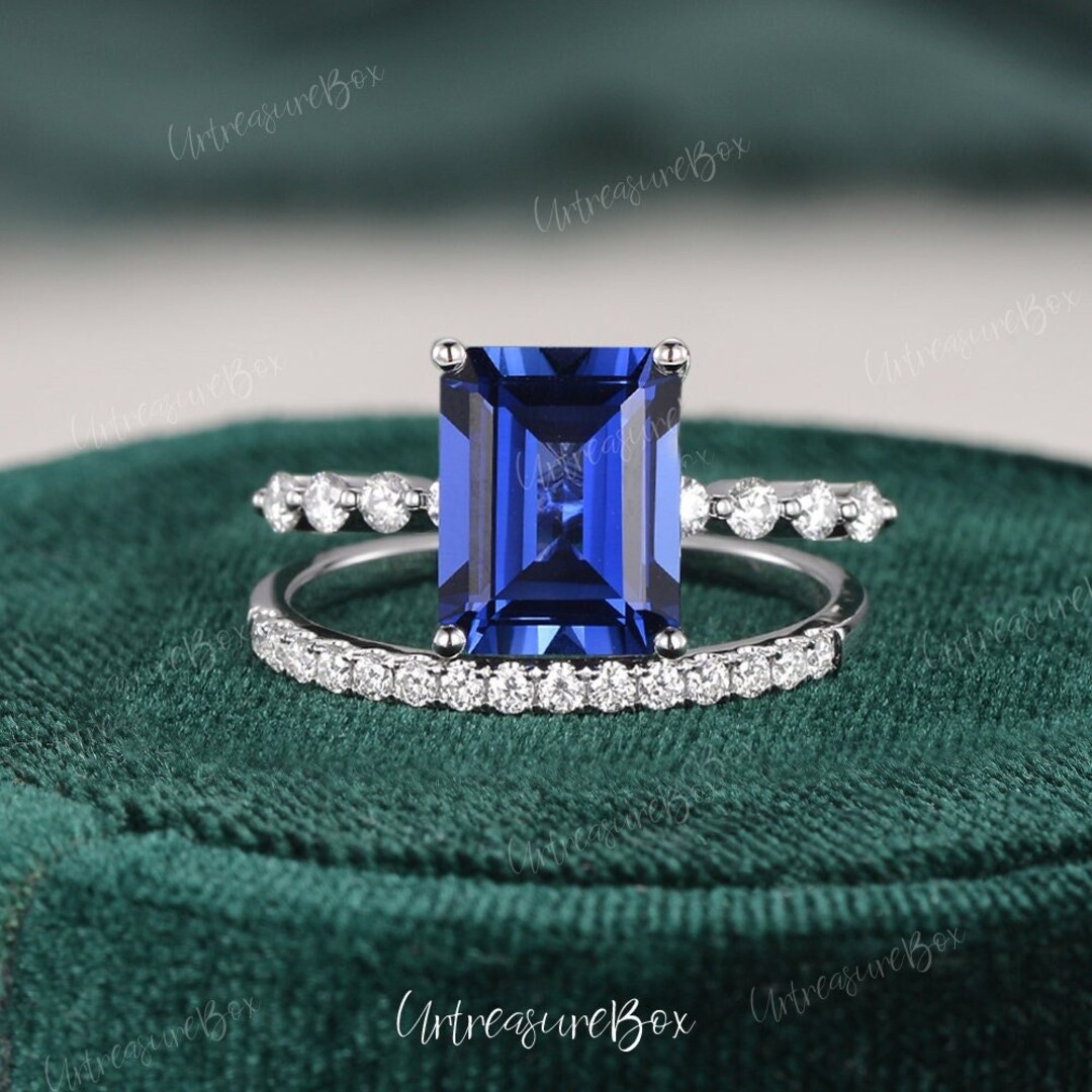 3CT Emerald Cut Sapphire Engagement Ring Set White Gold Sapphire Bridal ...