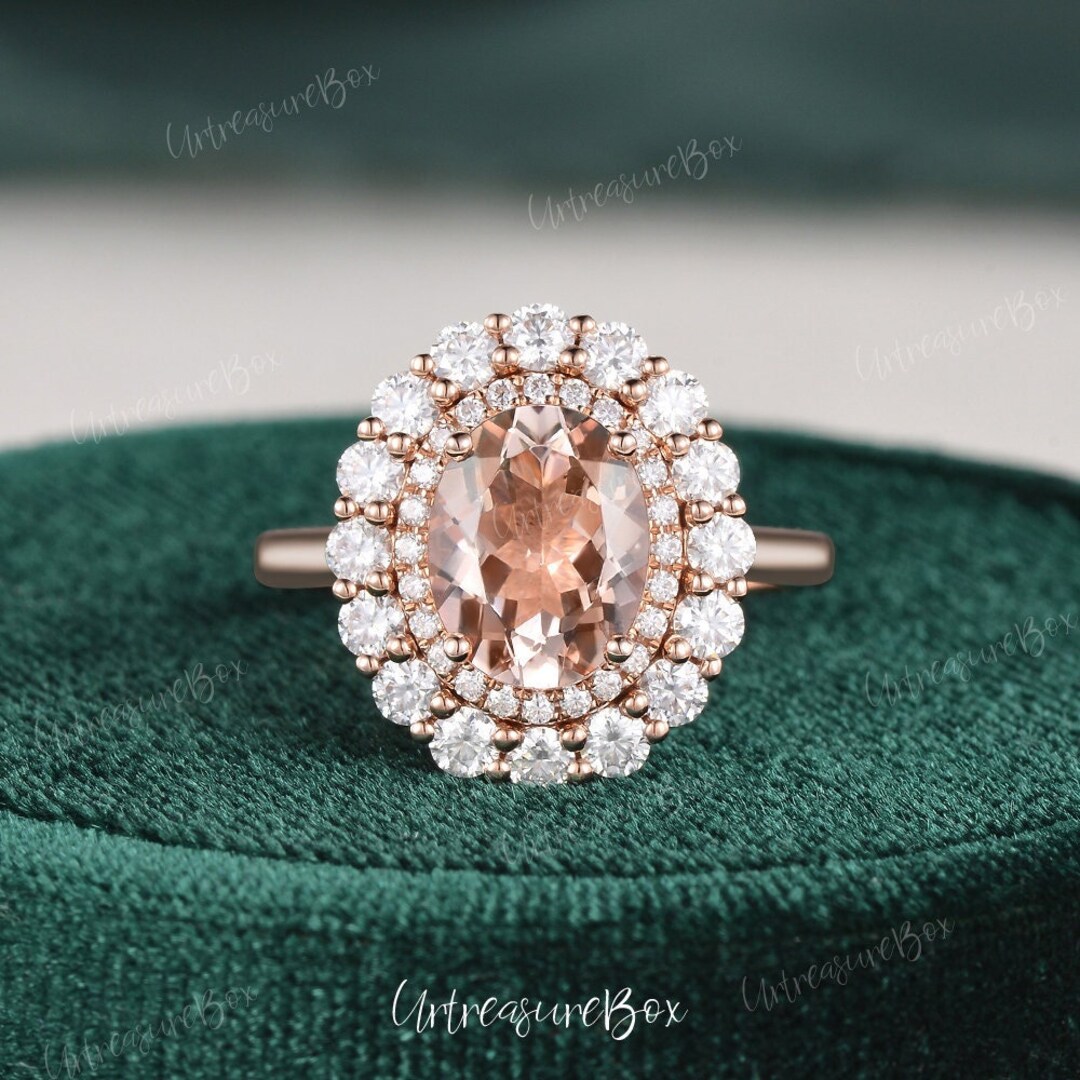 Double Halo Morganite Engagement Ring Vintage Rose Gold Oval Morganite Bridal Ring Art Deco ...