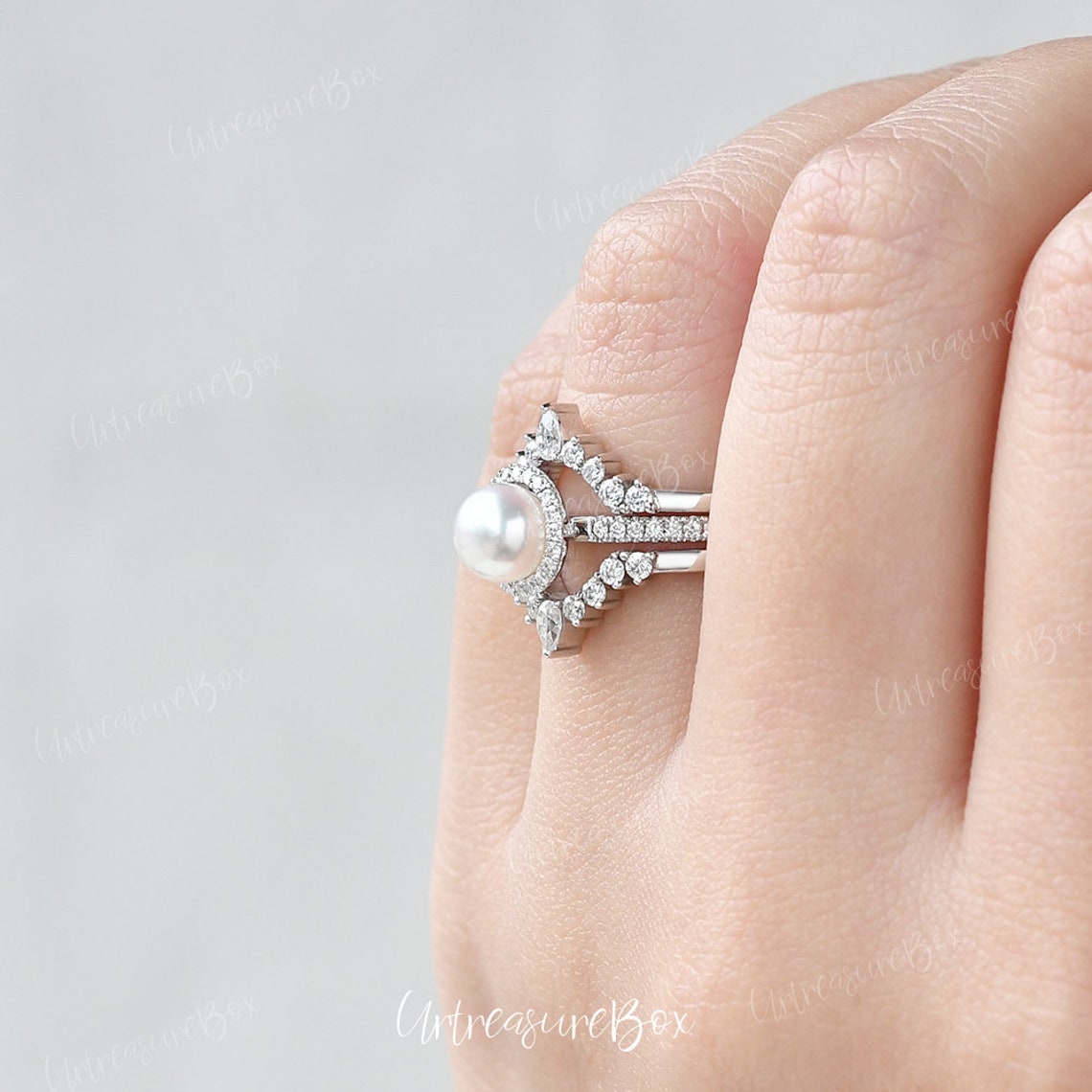 Natural Akoya Pearl Bridal Set Vintage Pearl Wedding Ring Set | Etsy