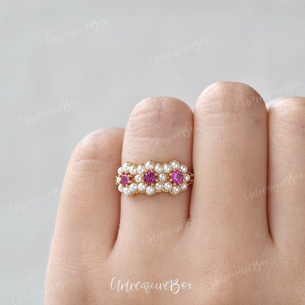 Natural Ruby and Pearl Engagement Ring Vintage Yellow Gold Floral ...