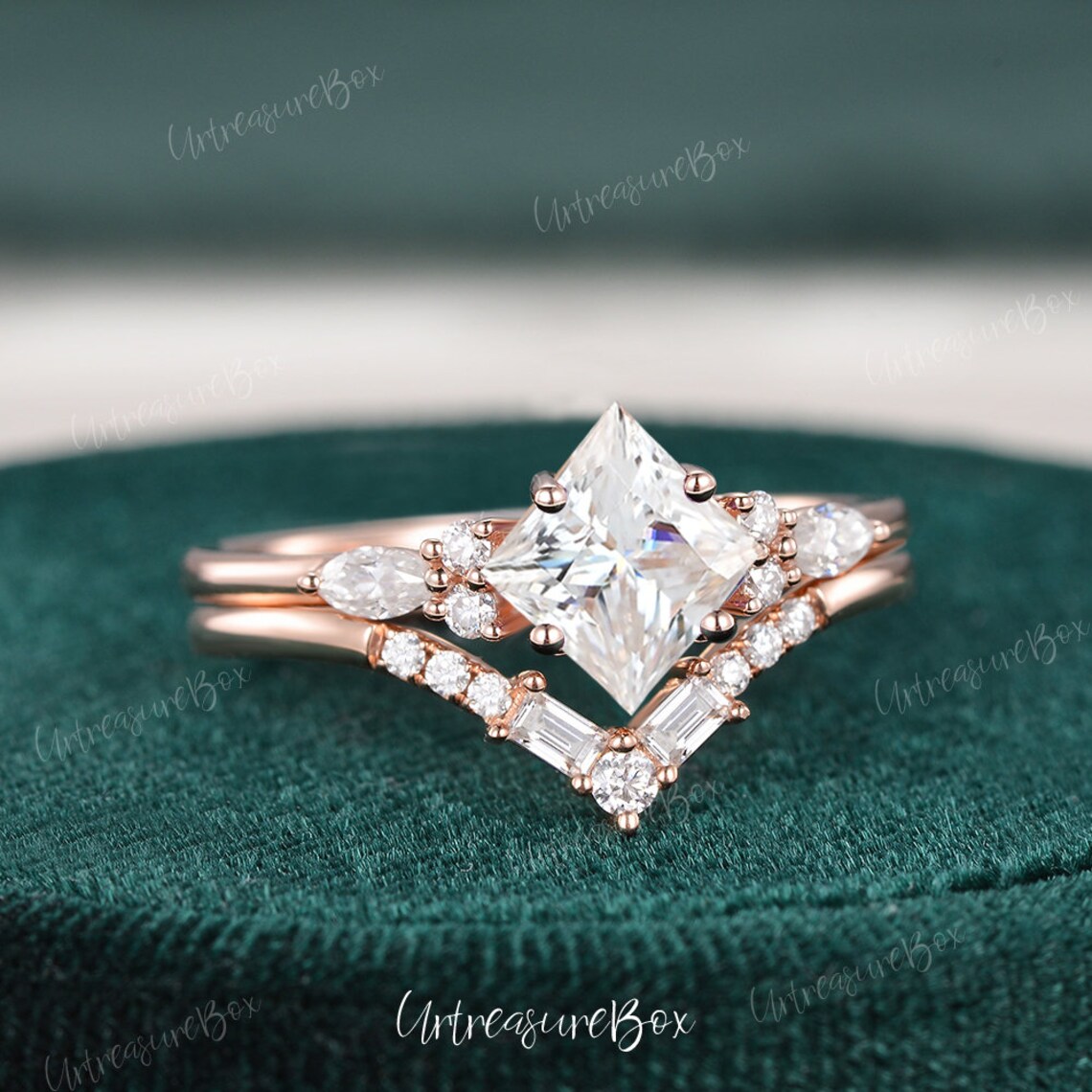Unique Princess Cut Engagement Ring Set Women 1.2ct Moissanite - Etsy