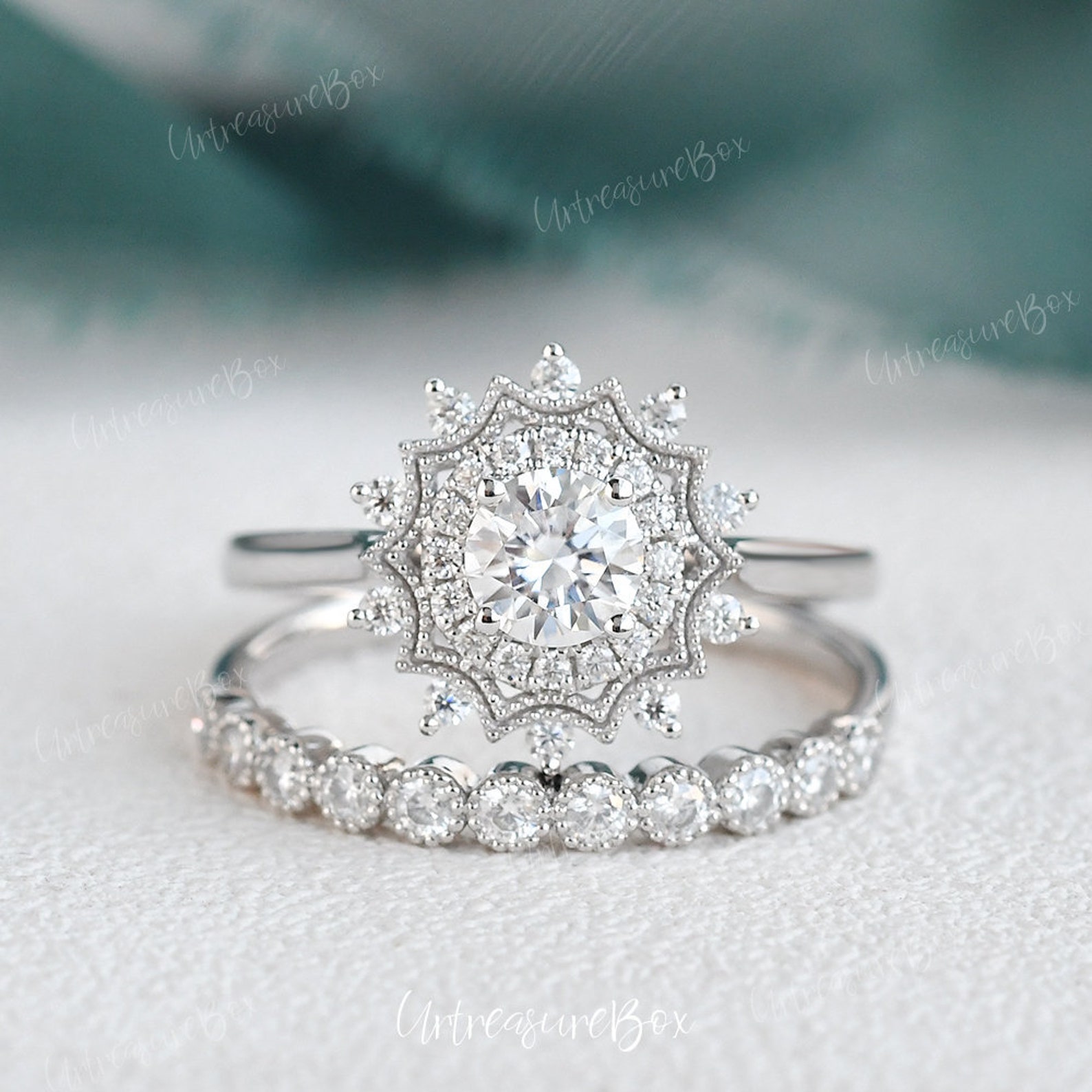 Moissanite Bridal Set Vintage Snowflake Ring Set White Gold | Etsy