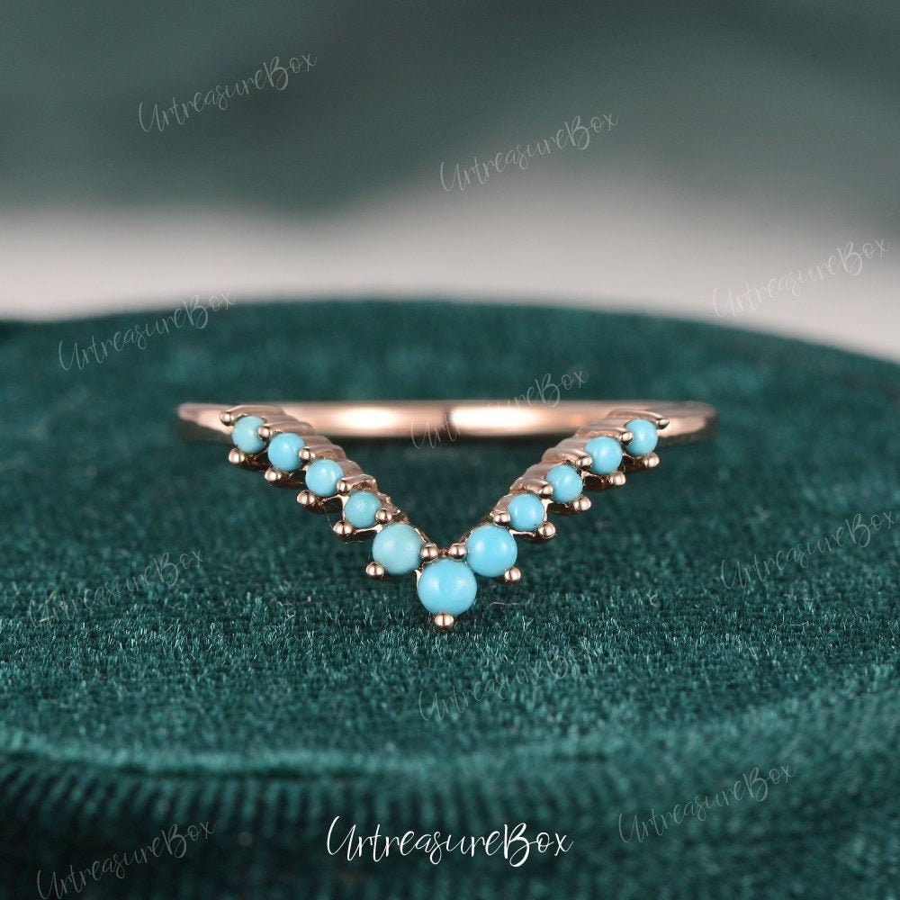 Turquoise Wedding Band Women Rose Gold V Shaped Curved Wedding Band ...