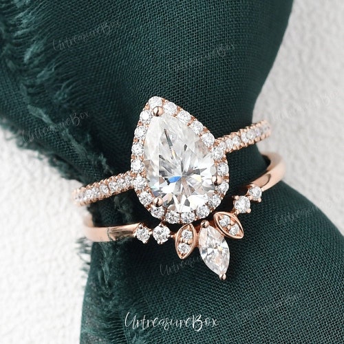 Cluster Moissanite Engagement Ring Set Vintage White Gold Pear - Etsy
