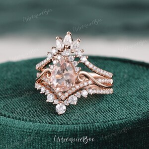 Antique Morganite Engagement Ring Set Rose Gold Pear Shaped Morganite Ring Set Vine Band Unique ...