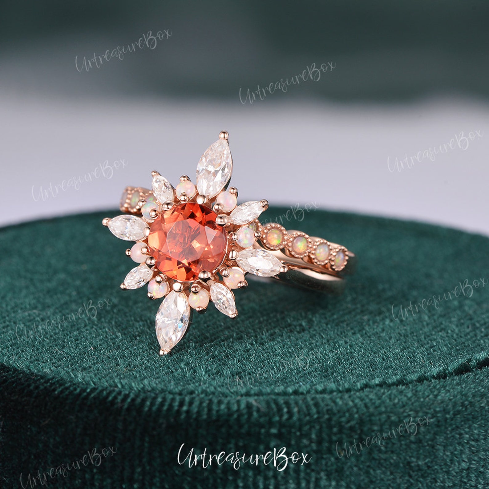 Vintage Sunstone Engagement Ring Rose Gold Sunstone Bridal Set - Etsy