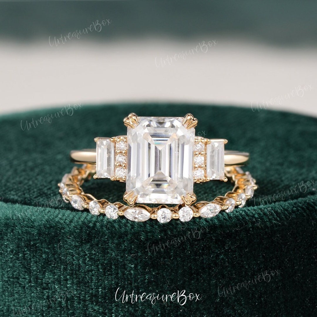 Vintage Emerald Cut Engagement Ring Set Solid Yellow Gold Moissanite ...
