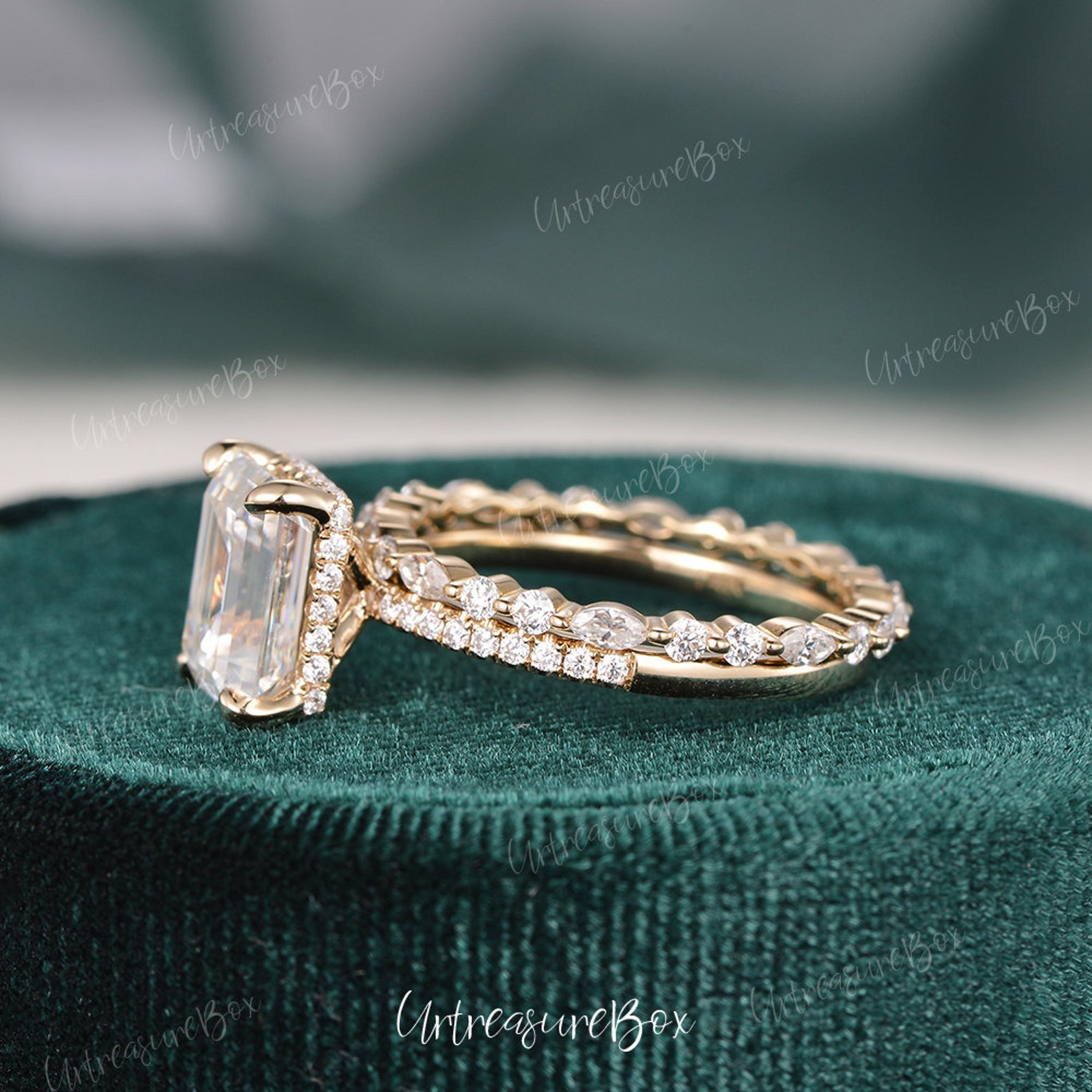 2.5ct Hidden Halo Emerald Cut Engagement Ring Set Women | Etsy