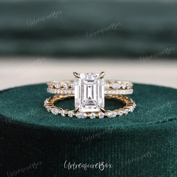 Hidden Halo Emerald Cut Engagement Rings Moissanite Engagement Ring Emerald Cut Wedding Ring Set Vintage Rose Gold Bridal Set Eternity Ring Etsy
