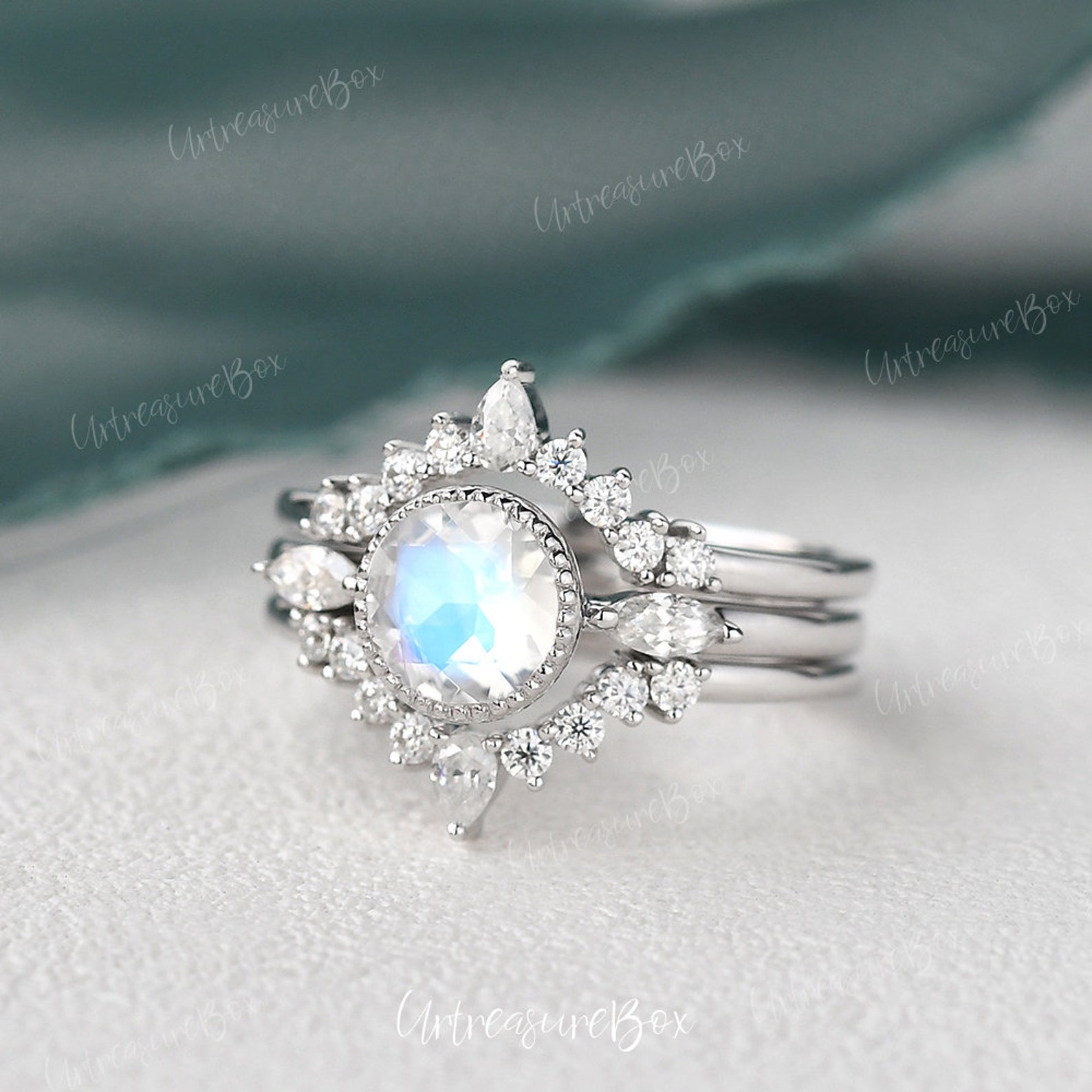 Moonstone Bridal Set 2pcs Vintage Rainbow Color Moonstone Engagement ...