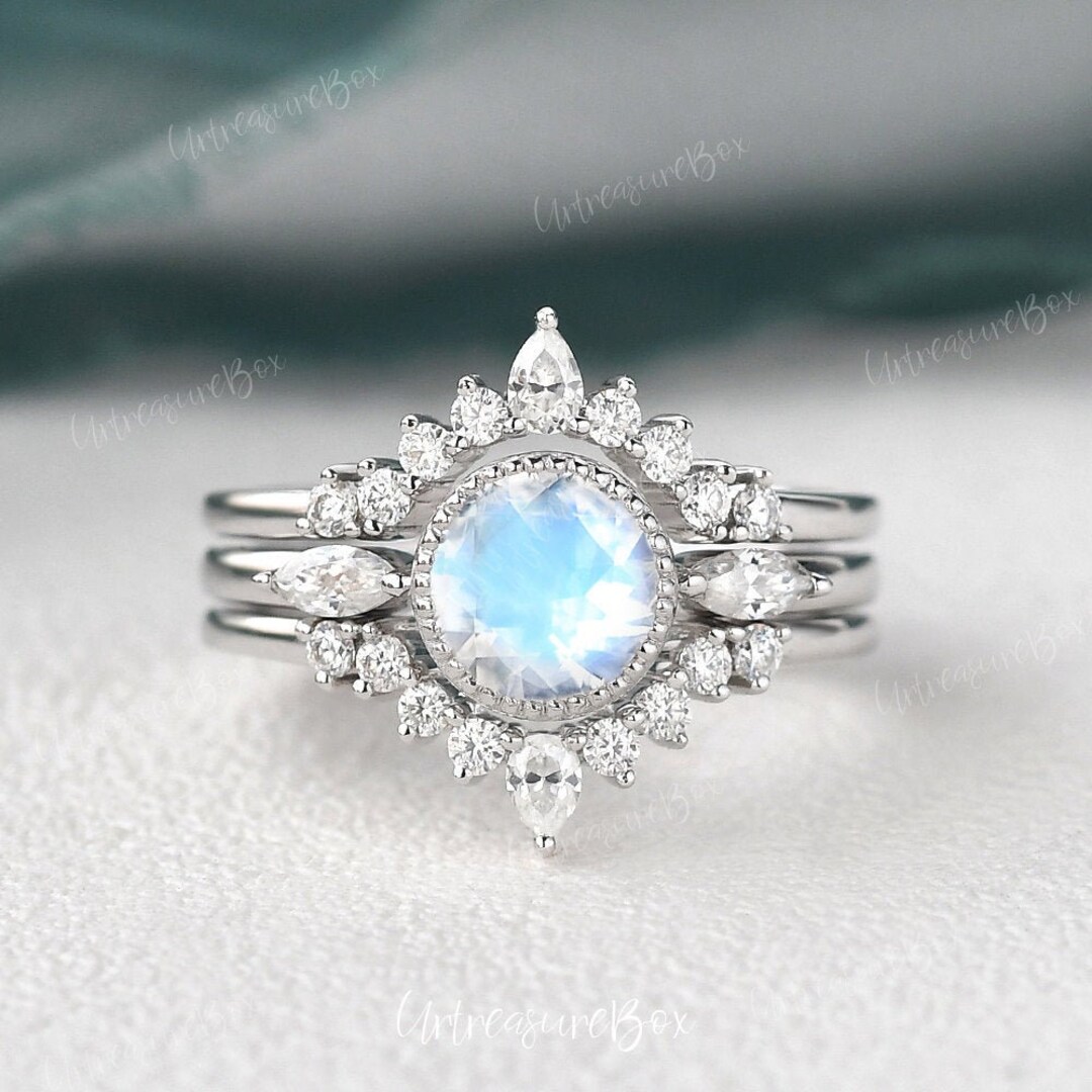Moonstone Bridal Set 2pcs Vintage Rainbow Color Moonstone Engagement ...