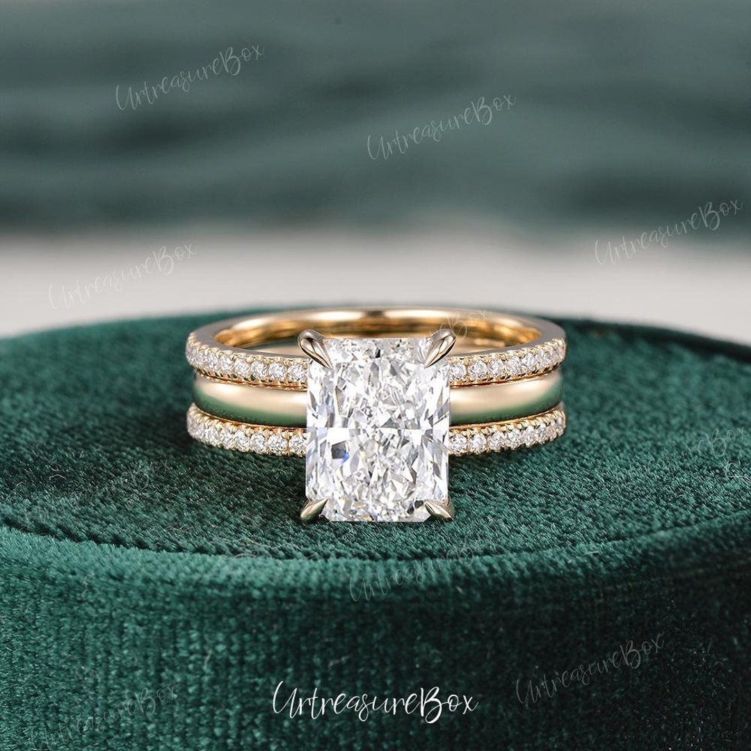 3CT Radiant Cut Lab Grown Diamond Engagement Ring Set Hidden Halo ...