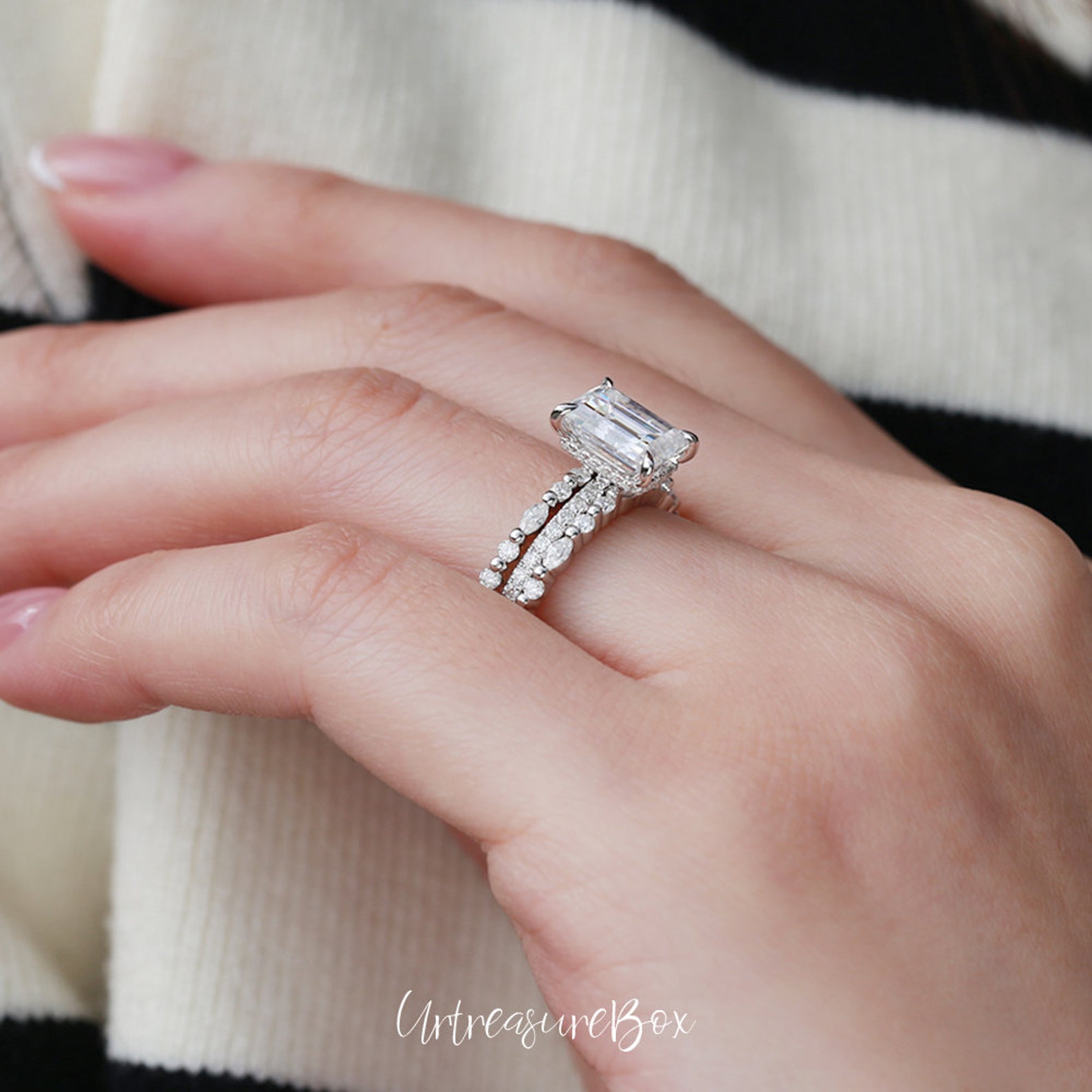 Hidden Halo Emerald Cut Engagement Rings Moissanite Engagement Ring Emerald Cut Wedding Ring Set ...