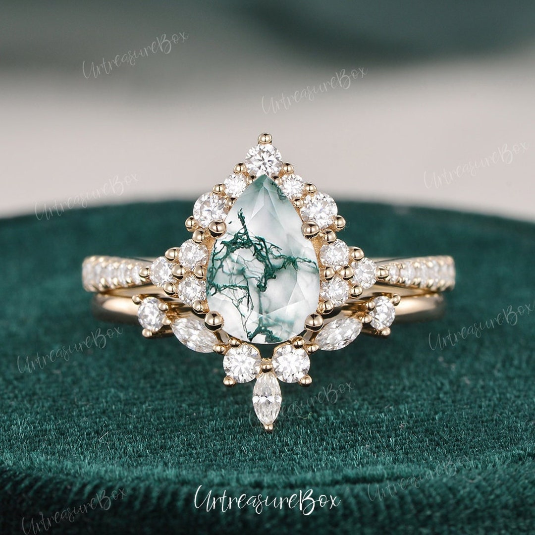 Unique Moss Agate Engagement Ring Set Yellow Gold Pear Shaped Mystic ...