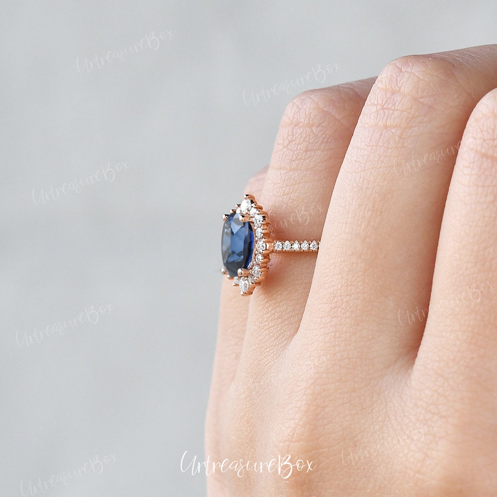 Lab Sapphire Engagement Ring 14K Rose Gold Floral Halo Ring - Etsy