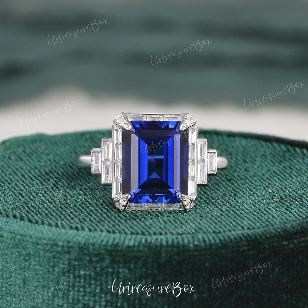 3ct Emerald Cut Sapphire Engagement Ring White Gold Lab Sapphire Wedding Ring Antique Sapphire Ring Vintage Art Deco Baguette Moissanite Etsy