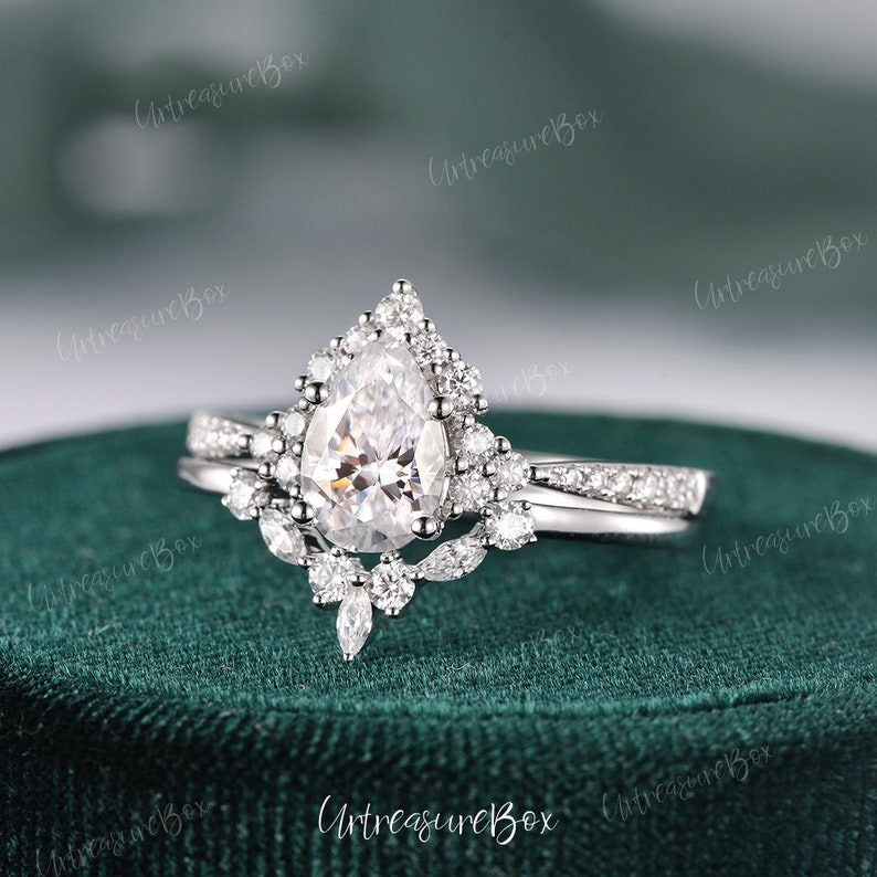 Cluster Moissanite Engagement Ring Set Vintage White Gold Pear - Etsy