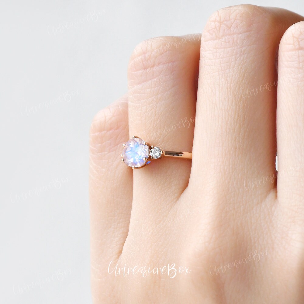 Natural Moonstone Three Stones Engagement Ring Rose Gold Women | Etsy