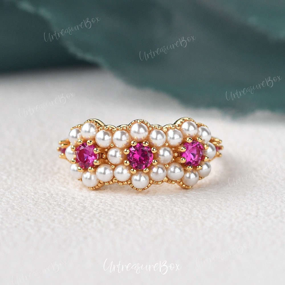 Natural Ruby and Pearl Engagement Ring Vintage Yellow Gold Floral ...