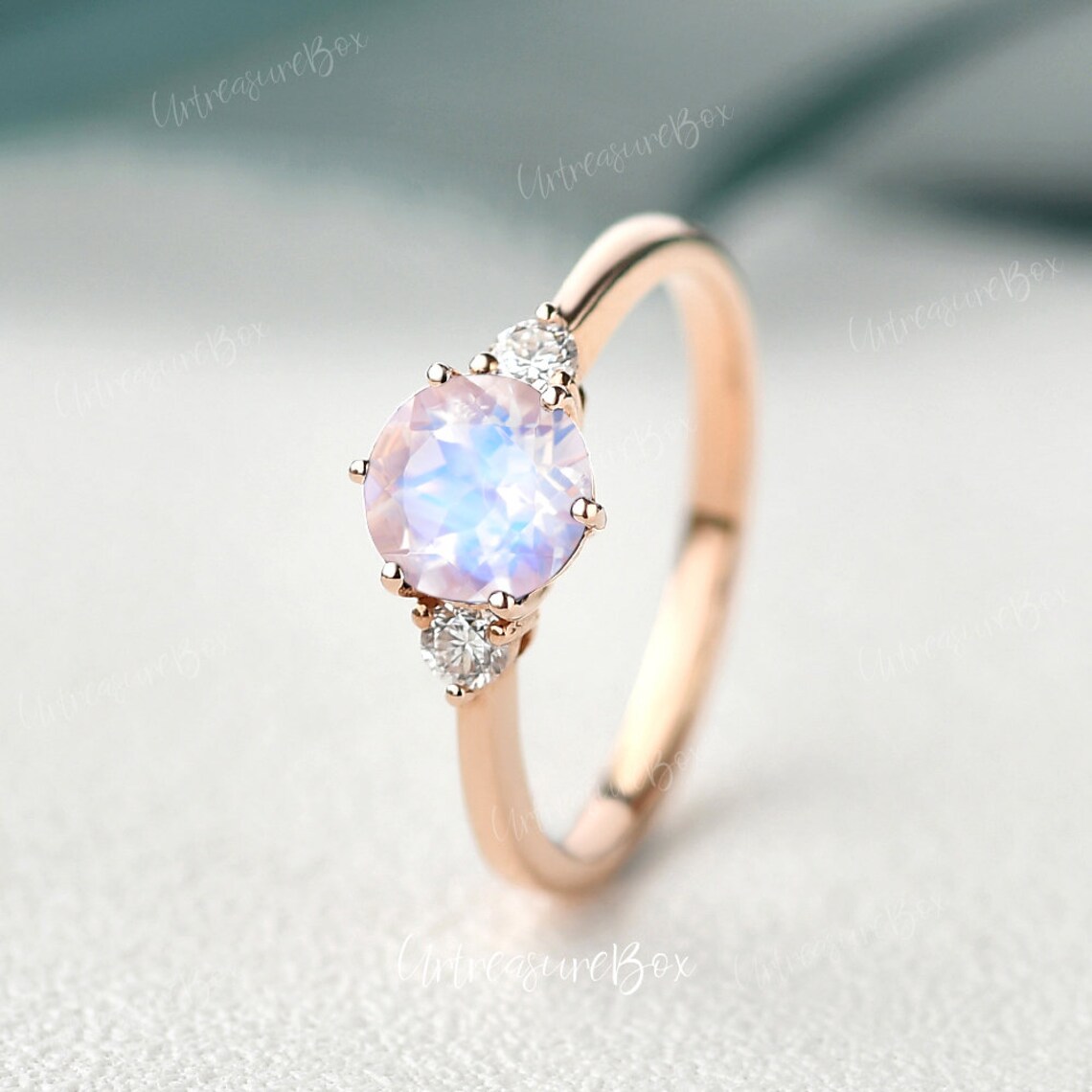Natural Moonstone Three Stones Engagement Ring Rose Gold Women | Etsy