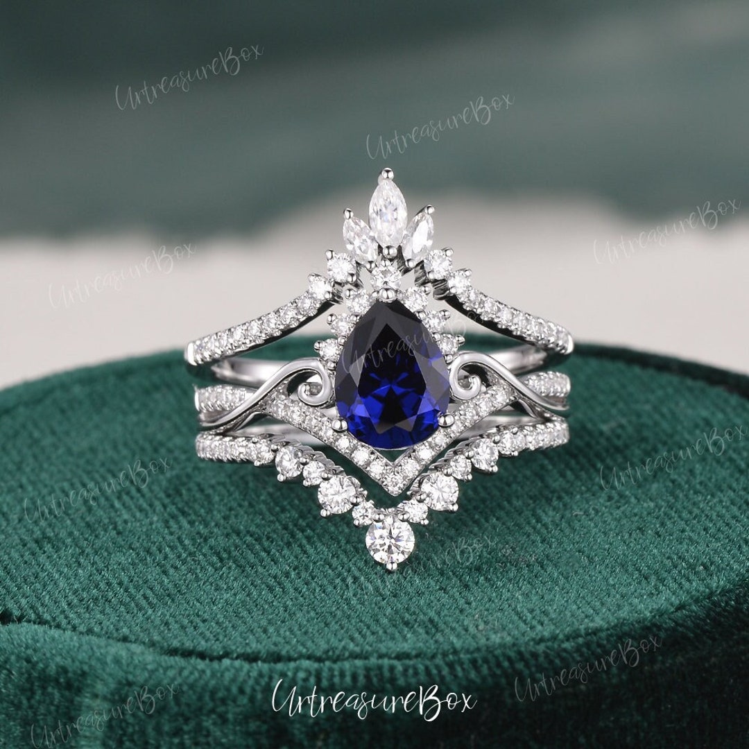 Vintage Lab Blue Sapphire Engagement Ring Set 3pcs White Gold Halo Pear ...