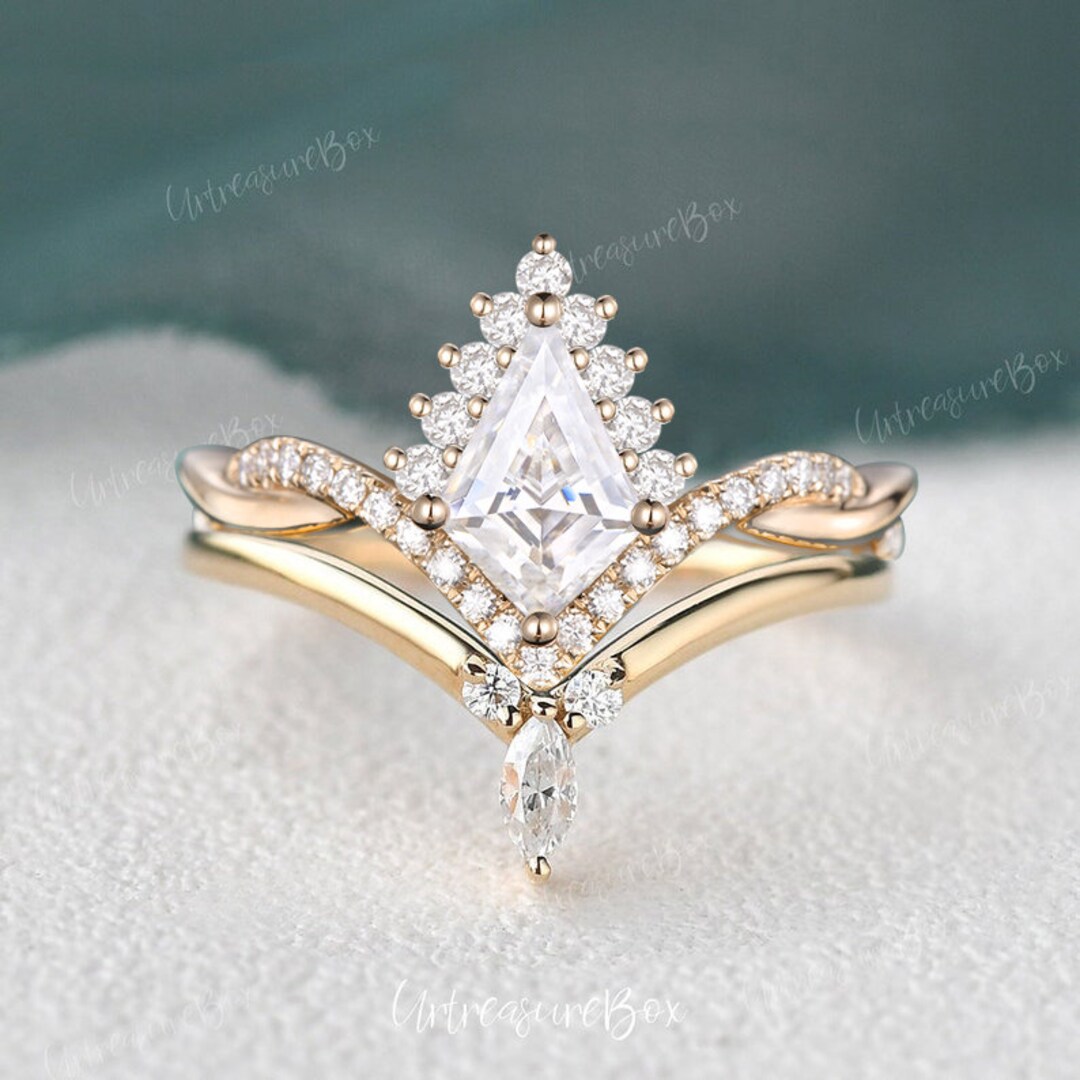 Kite Cut Moissanite Wedding Set Women Yellow Gold Moissanite Engagement Ring Set Vintage Unique ...