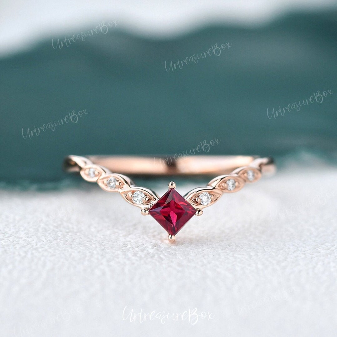 Natural Ruby Diamond Wedding Band Rose Gold Curved Wedding Band Art ...