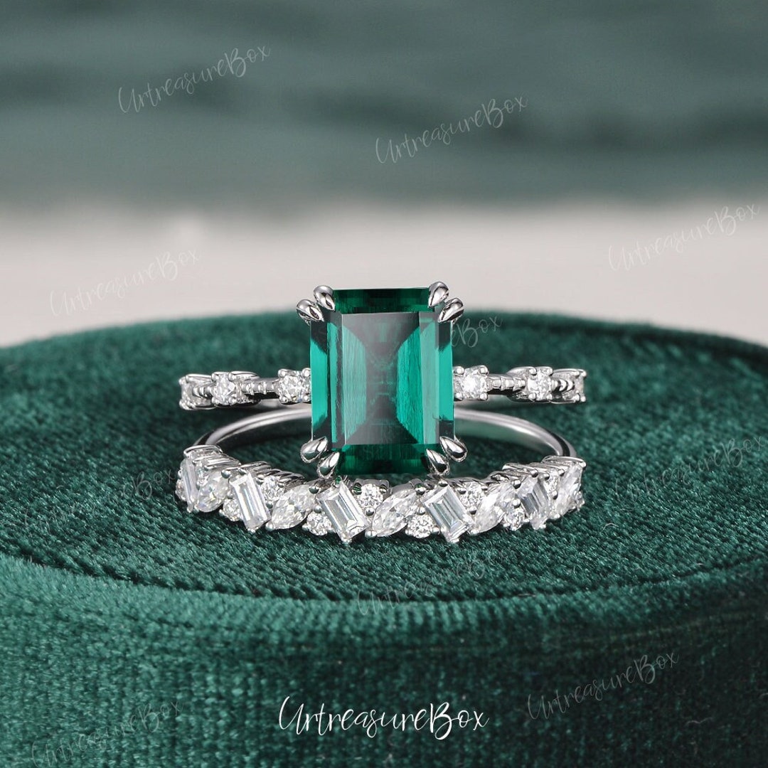 2.5ct Emerald Cut Emerald Engagement Ring Set Unique White Gold Emerald ...