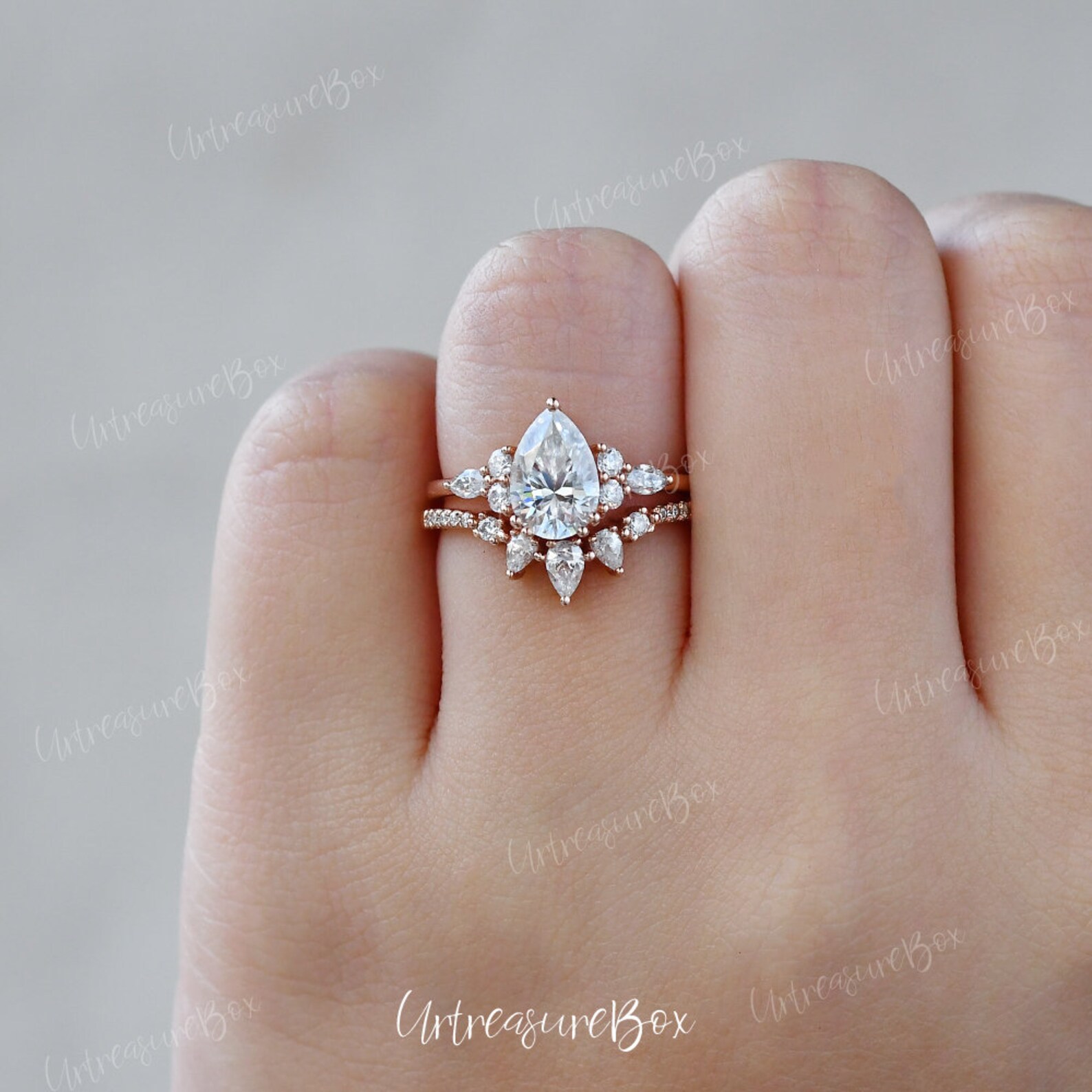 Cluster Moissanite Engagement Ring Set Vintage Rose Gold - Etsy