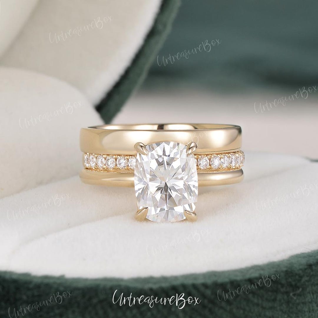 Elongated Cushion Moissanite Engagement Ring Set 3PCS Solid Gold Plain ...