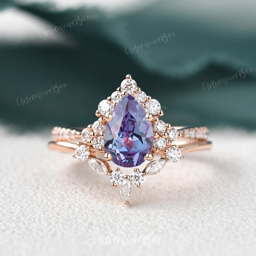 Pear Shaped Alexandrite Engagement Ring Set Women Vintage - Etsy