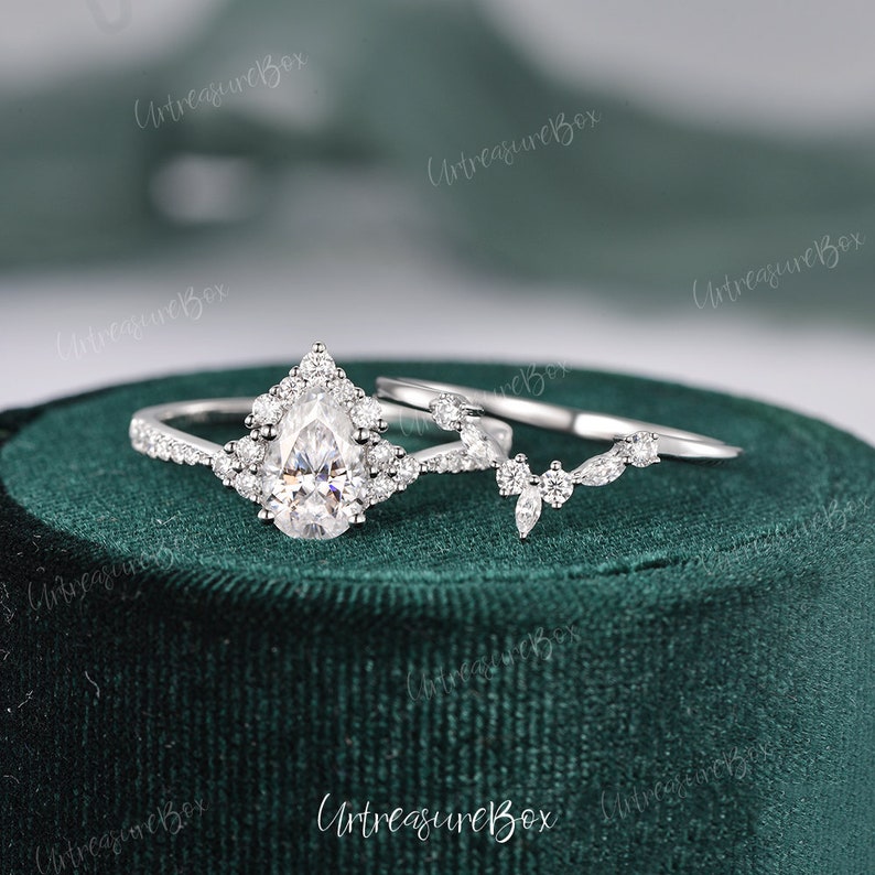 Cluster Moissanite Engagement Ring Set Vintage White Gold Pear - Etsy