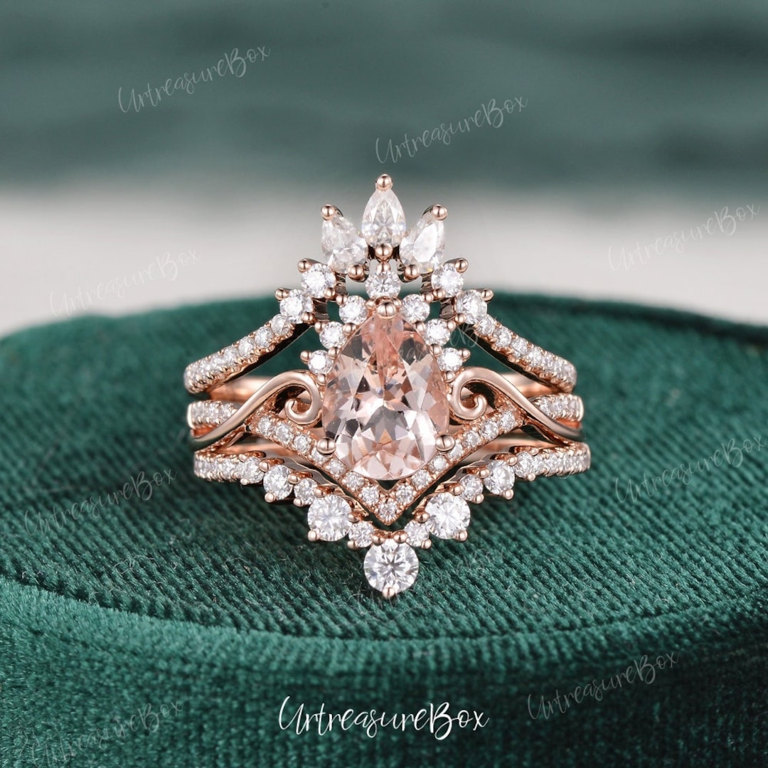 Antique Morganite Engagement Ring Set Rose Gold Pear Shaped Morganite Ring Set Vine Band Unique ...