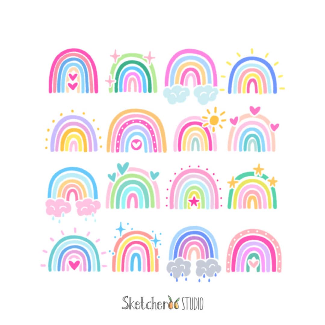 Rainbow Clipart • 16 Hand Drawn Digital Images • Png, Colourful ...