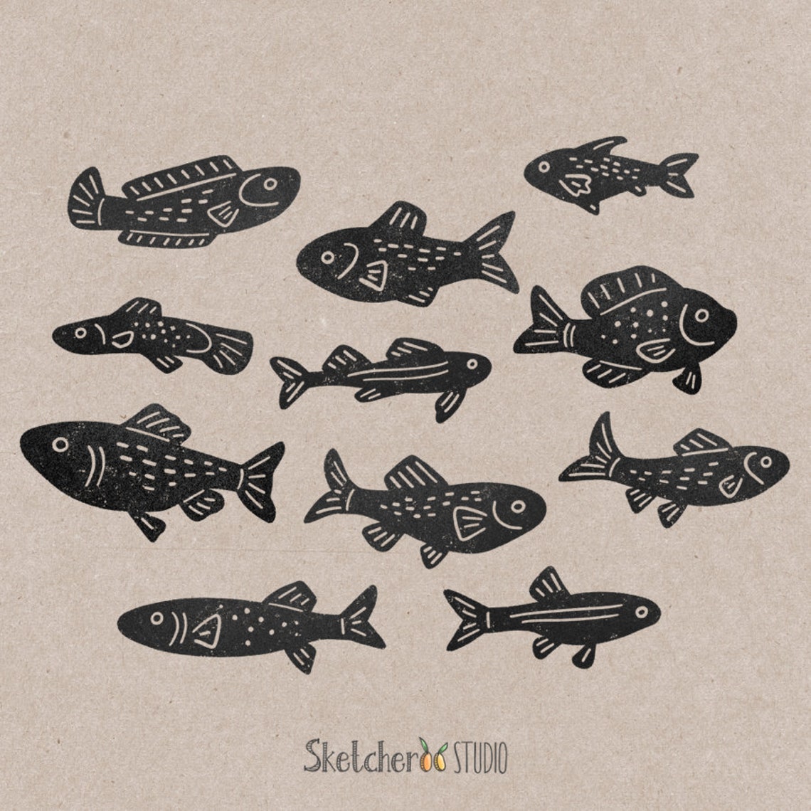 Stamp-style Fish Clipart • 11 Hand Drawn Digital Images • Png, Black ...