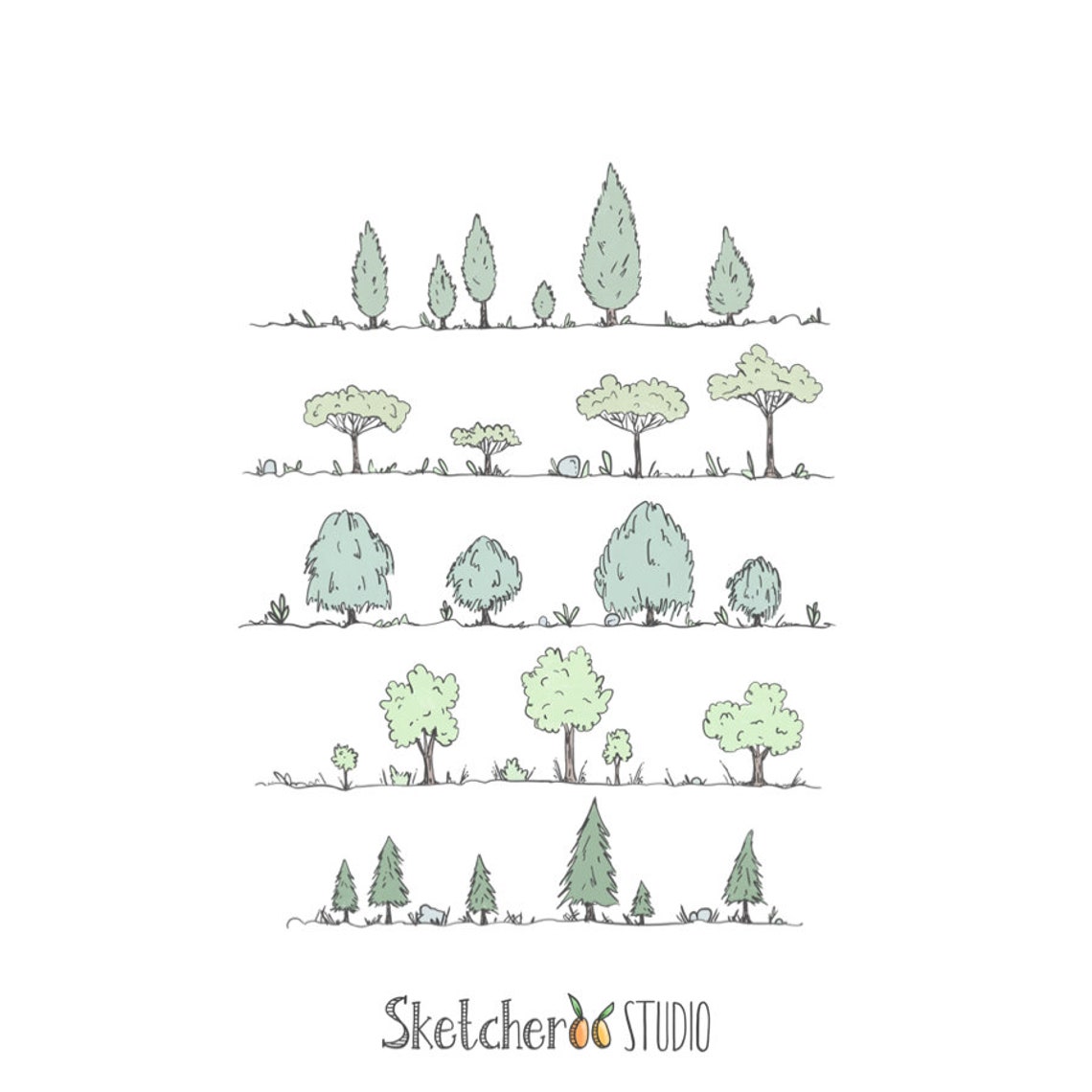 Tree Dividers Clipart 5 Hand Drawn Digital Images Png - Etsy