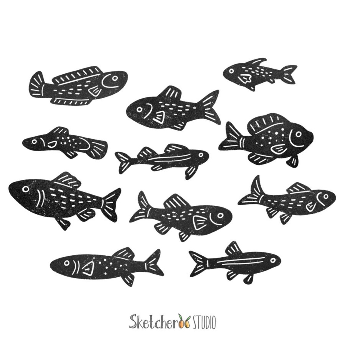 Stamp-style Fish Clipart • 11 Hand Drawn Digital Images • Png, Black ...