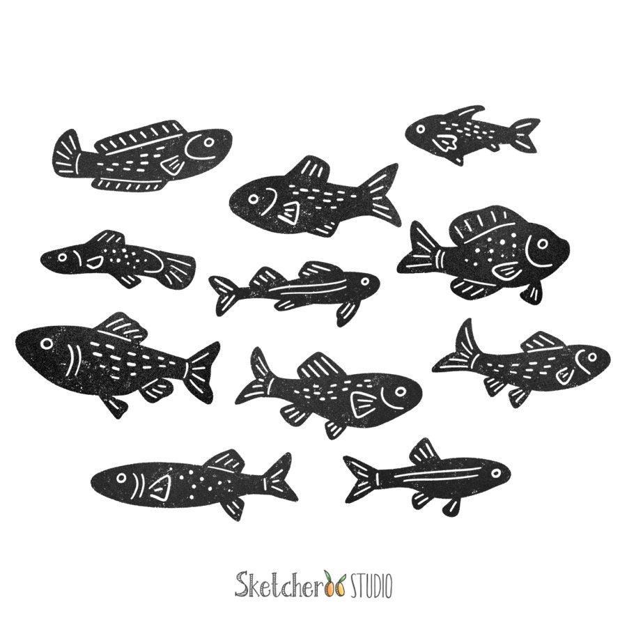 Stamp-style Fish Clipart • 11 Hand Drawn Digital Images • Png, Black ...
