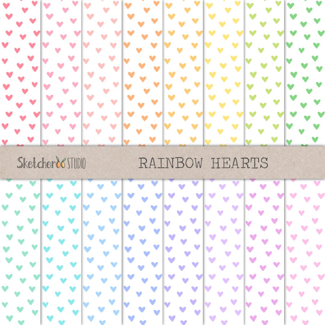 Rainbow Hearts • 16 Hand Drawn Seamless Digital Papers • Heart, Love ...