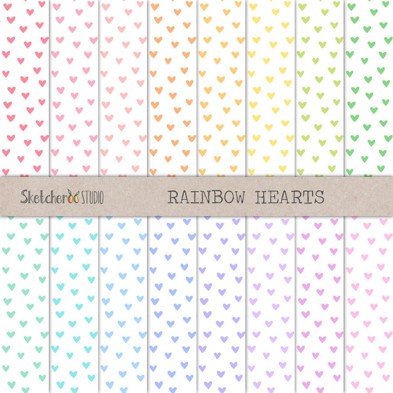 Rainbow Hearts • 16 Hand Drawn Seamless Digital Papers • Heart, Love ...